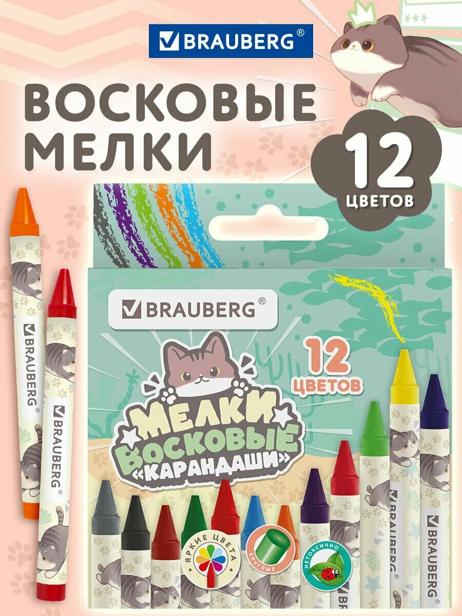Восковые мелки для рисования детские, цветные карандаши для малышей и школьников, набор 12 цветов, Brauberg Милые Коты для творчества для школы рисование