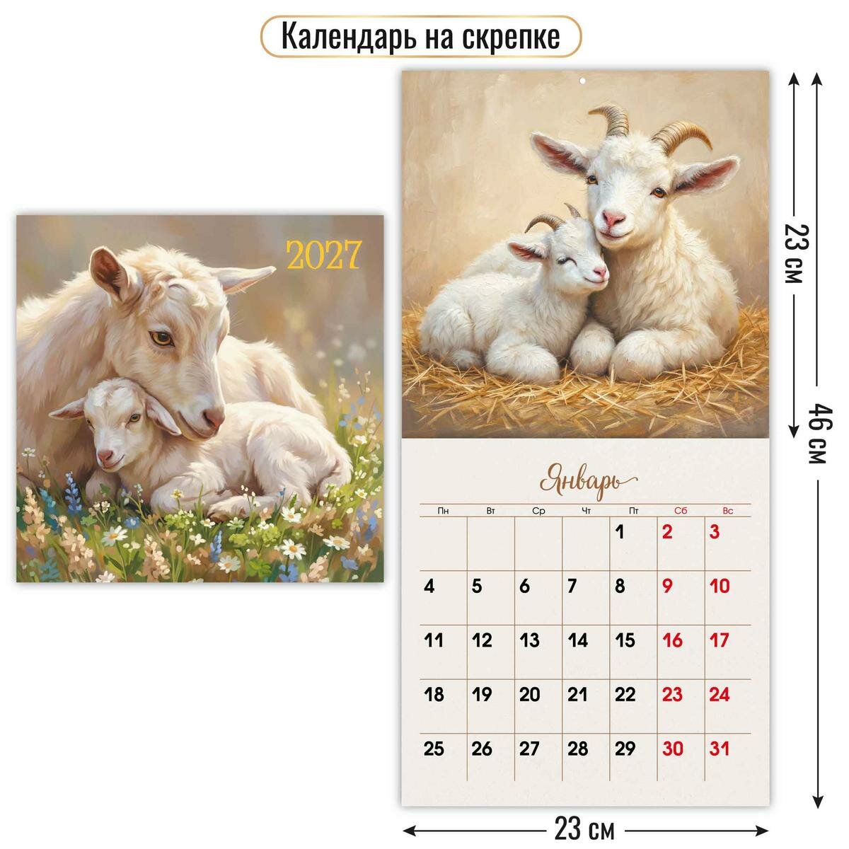 Календарь на скрепке 230х230 2027 "Символ года", 12 иллюстраций с козами