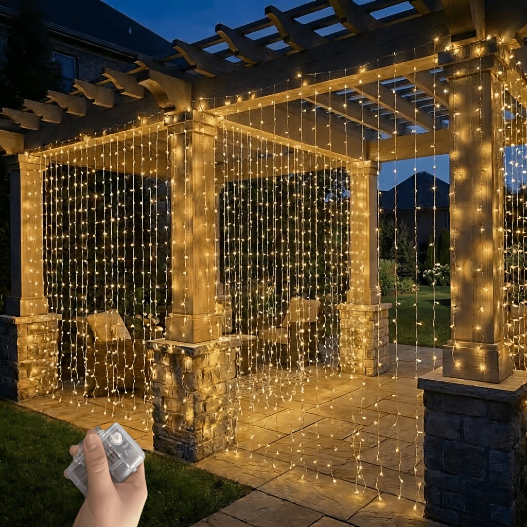 Светодиодная гирлянда-занавес 10x10 футов, 305 LED, теплый свет, на батарейках, 8 режимов подсветки, для дома, праздника, стены и двора