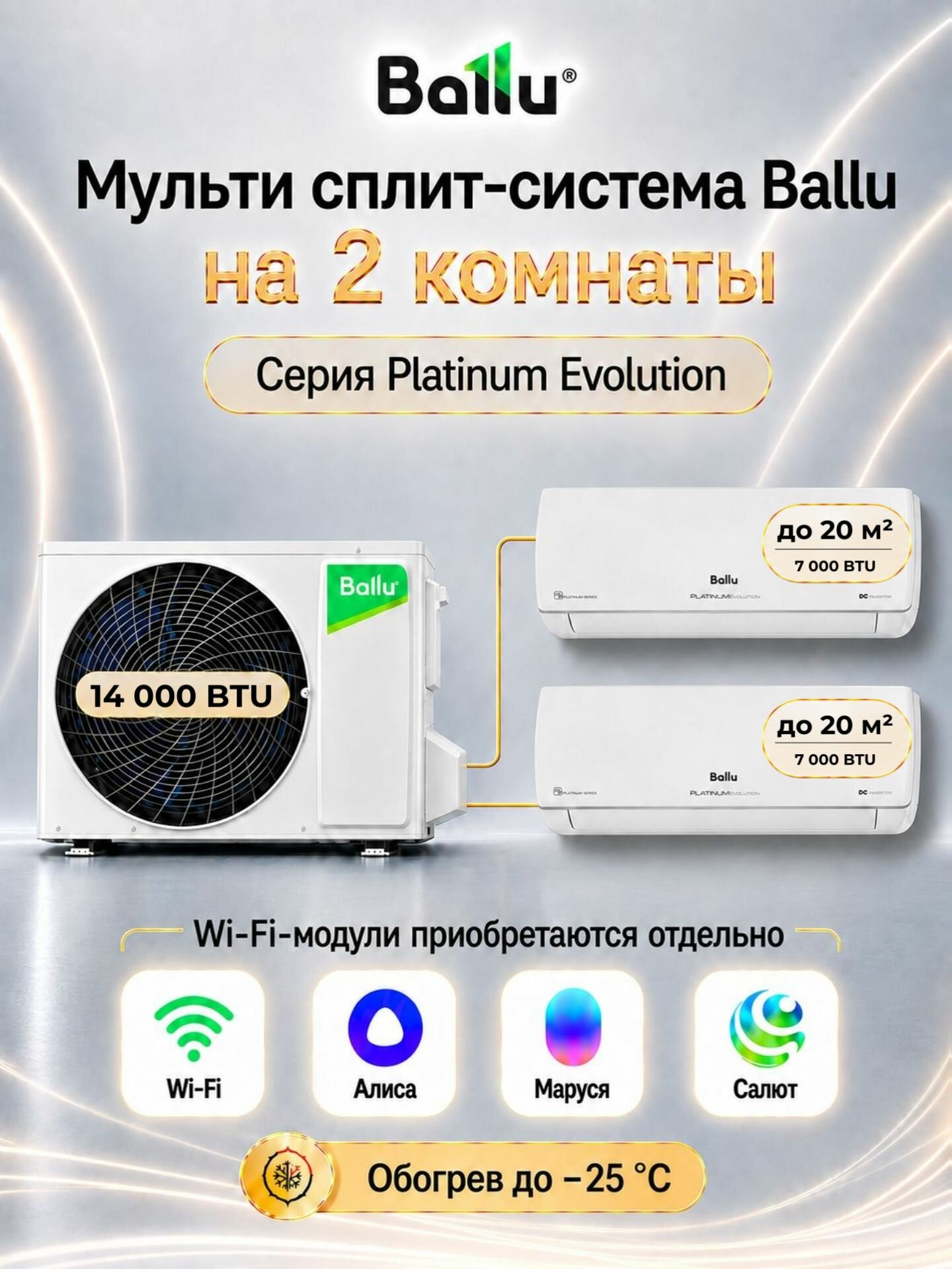 Мульти сплит система инвертор кондиционер на 2 комнаты 20+20 кв. м Ballu Platinum Evolution BSUI-FM/in-07HN8/EUx2 BA2OI-FM/out-14HN8/EU, комплект белого цвета