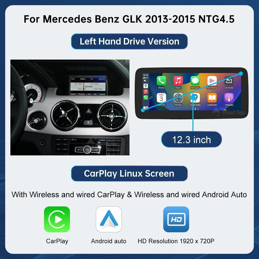 Road Top 10,25 12,3-дюймовый мультимедийный дисплей для Benz GLK 2013-2015 NTG4.5 с 12.3 inch LHD