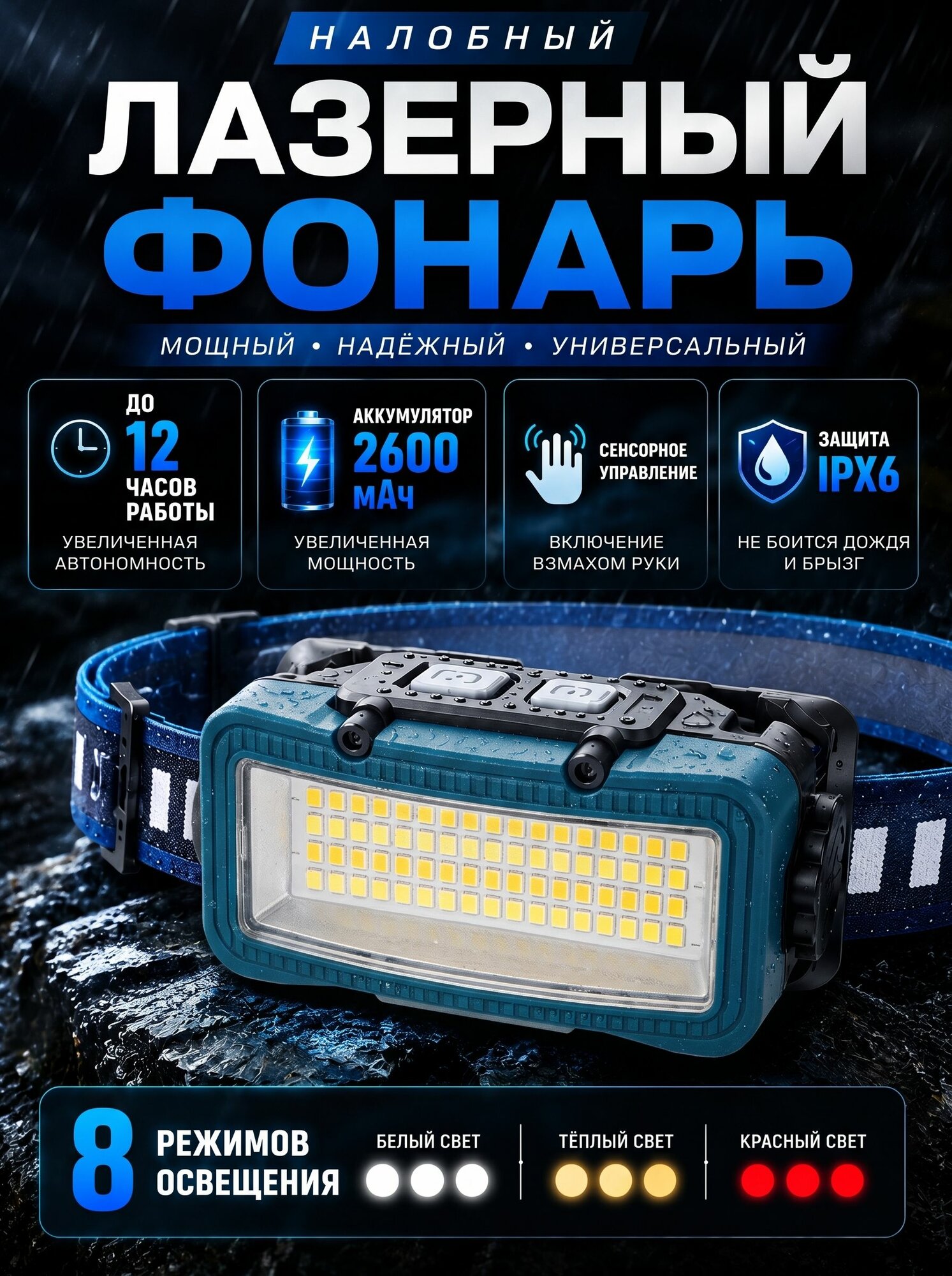 Фонарик налобный аккумуляторный 2600 мАч, до 12 часов работы, с датчиком движения, 8 режимов, тёплый, холодный, красный свет