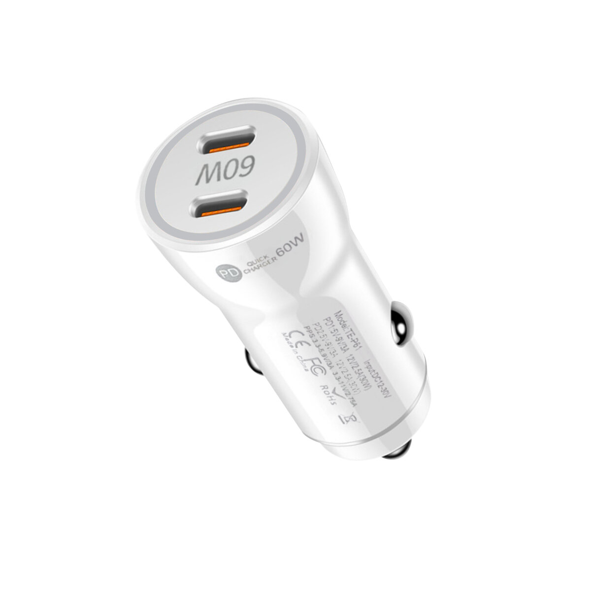 Автомобильное зарядное устройство с двумя портами USB-C, 60 Вт, быстрая зарядка PD, белый