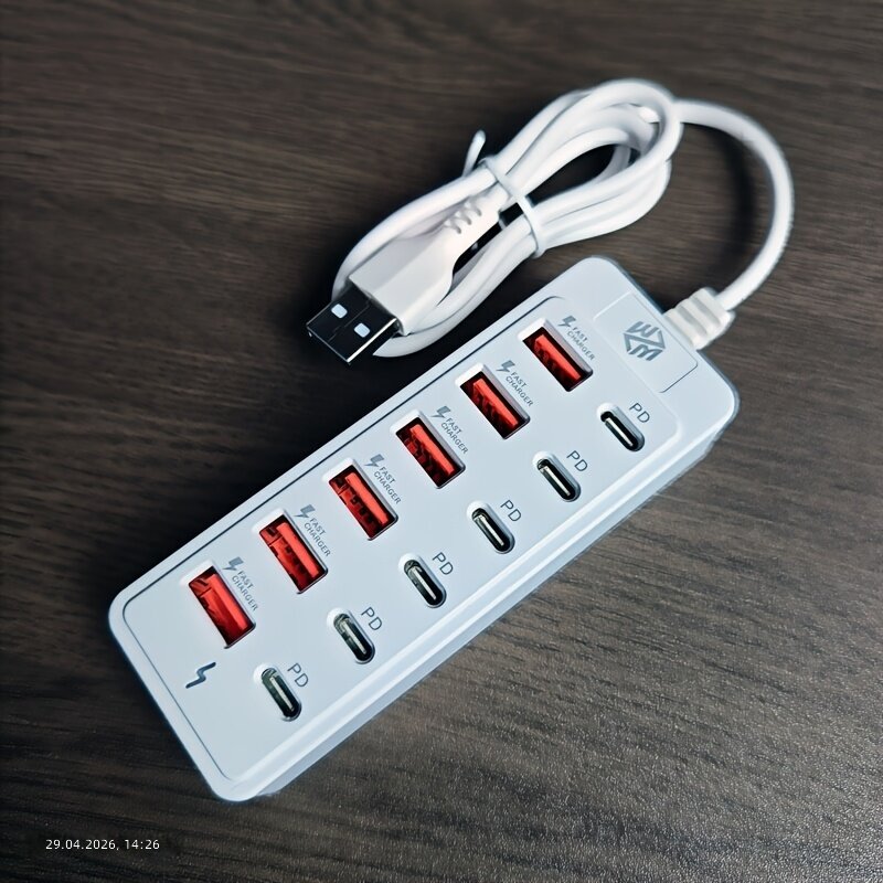 Белый 12-портовый быстрый зарядный хаб, 6 портов USB и 6 портов Type-C PD, многопользовательский настольный блок питания