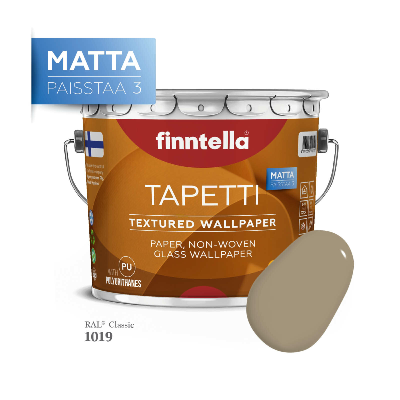 Матовая краска для обоев под окраску TAPETTI Matta FINNTELLA, Цвет RAL 1019 Серо-бежевый (Grey beige), 2,7л