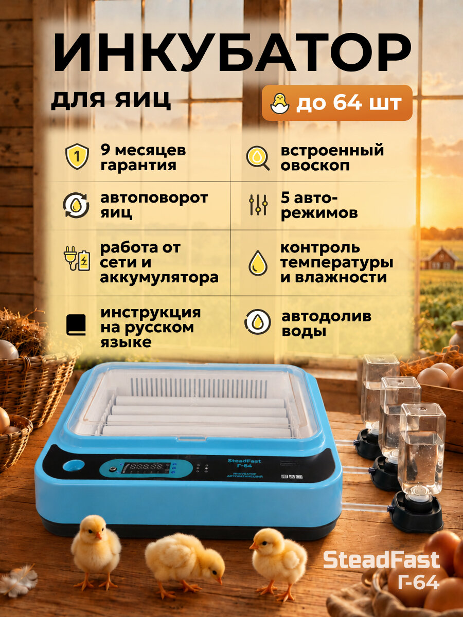 Инкубатор для яиц автоматический SteadFast Г-64 с терморегулятором, гигрометром, овоскопом, автоповоротом, 220В/12В
