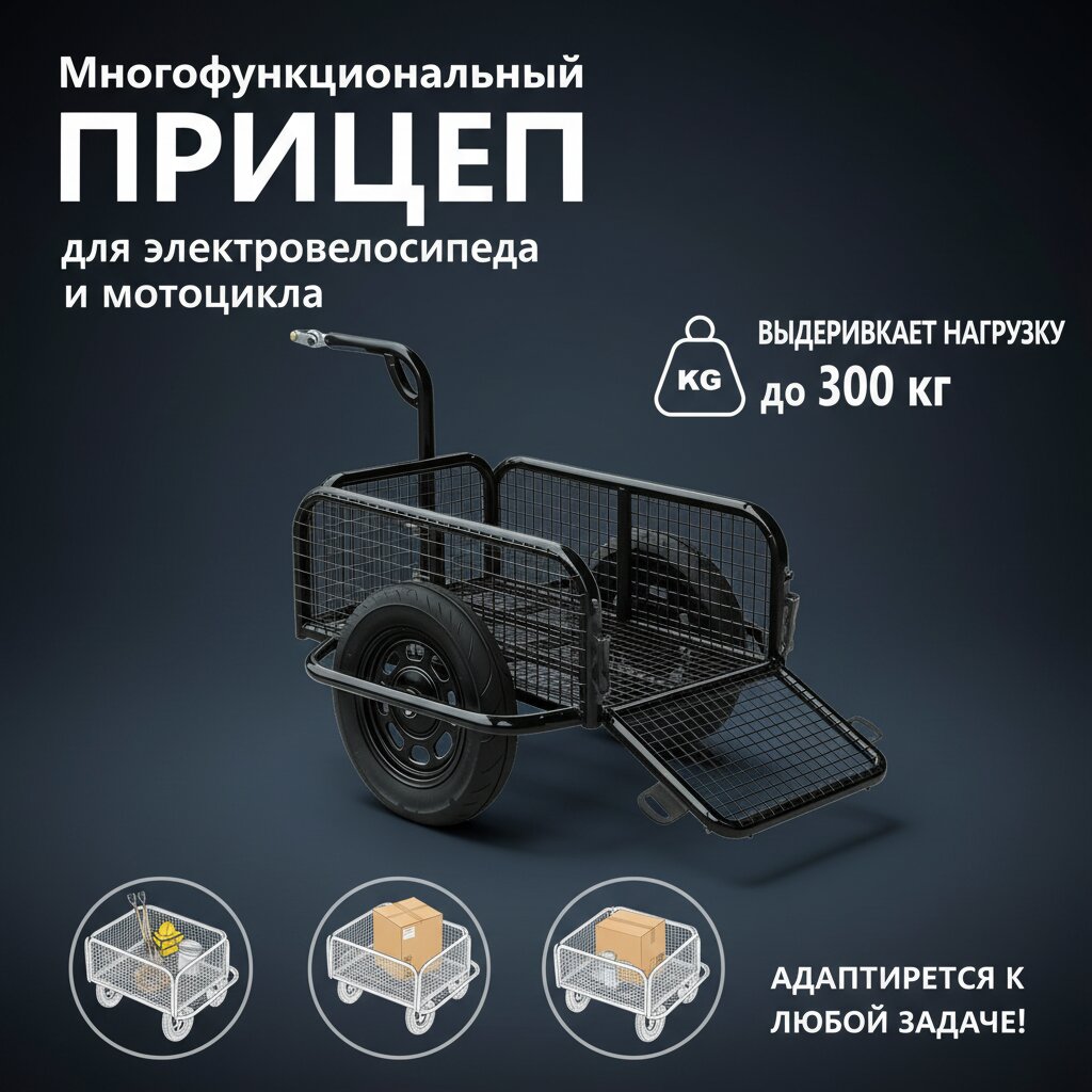 Прицеп на электровелосипеда, черный велокорзина, рассчитан до 300 кг, открывающаяся задняя дверца
