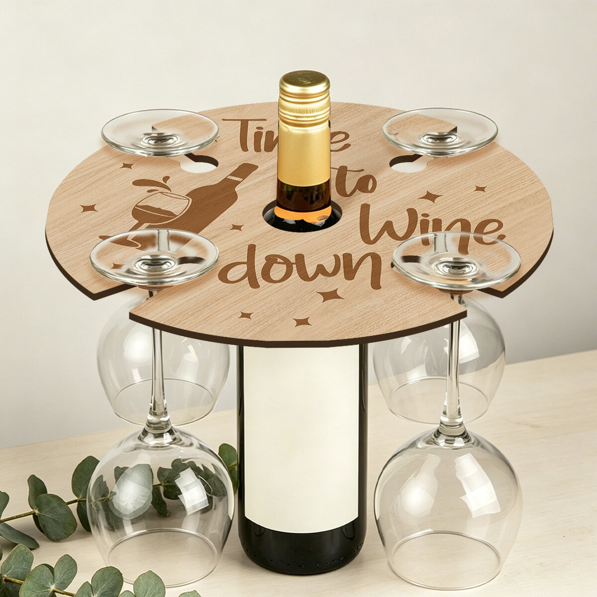 Деревянная резная круглая подставка для вина Time and Wine на 4 бокала и 1 бутылку, для пикника и патио, подарок для любителей вина