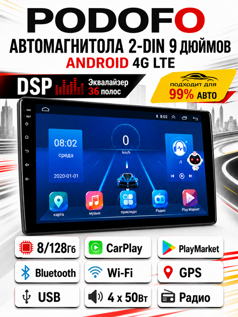 Универсальная магнитола на Android 2-DIN Podofo 9 дюймов, 8/128Гб, 4G LTE, DSP, Эквалайзер, Bluetooth, GPS. Гарантия год
