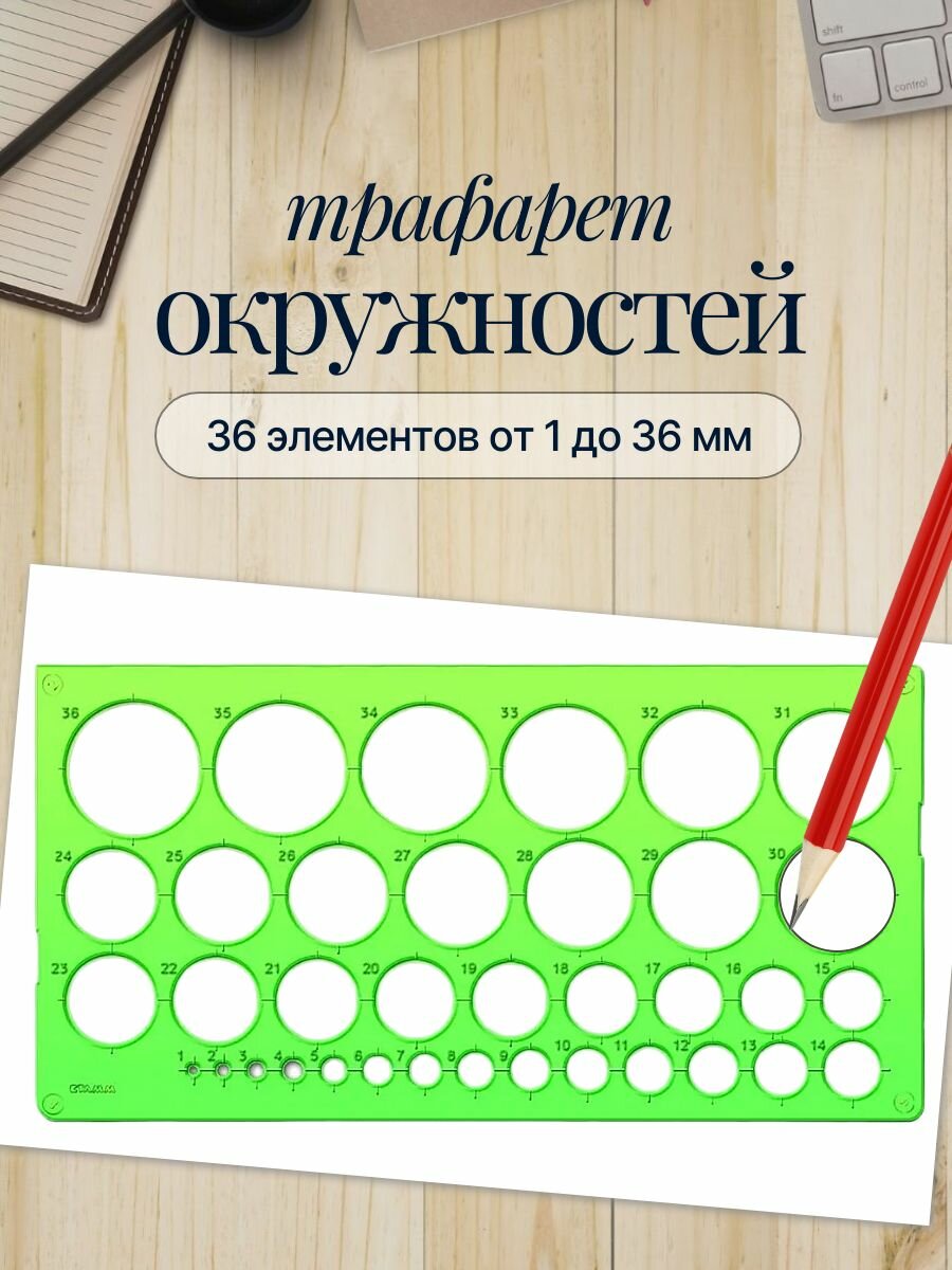 Трафарет окружностей 1-36 мм, пластиковый, зеленый, СТАММ для черчения разметка кругов