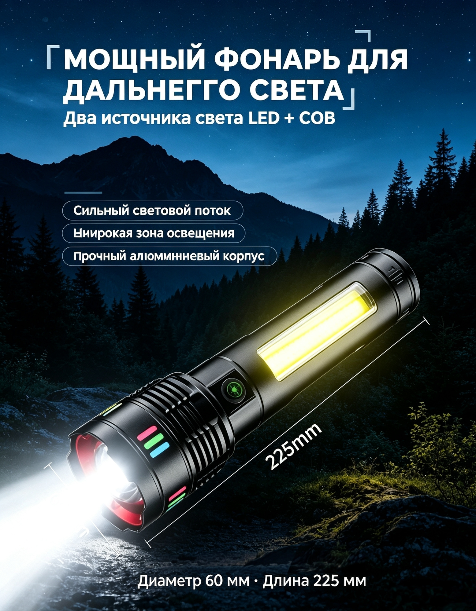 Фонарь Царь, аккумуляторный, дальность 5 км, LED, 50000 люмен, Подходящий для пешего туризма с палатками