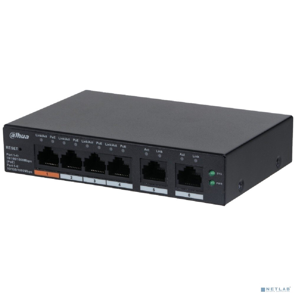 DAHUA DH-CS4006-4GT-60 4-портовый гигабитный PoE коммутатор с функцией облачного управления, 4xRJ45 100Mb, 2xRJ45 1Gb uplink, суммарно 60Вт, коммутация 12Гбит/с, МАС-таблица 8К