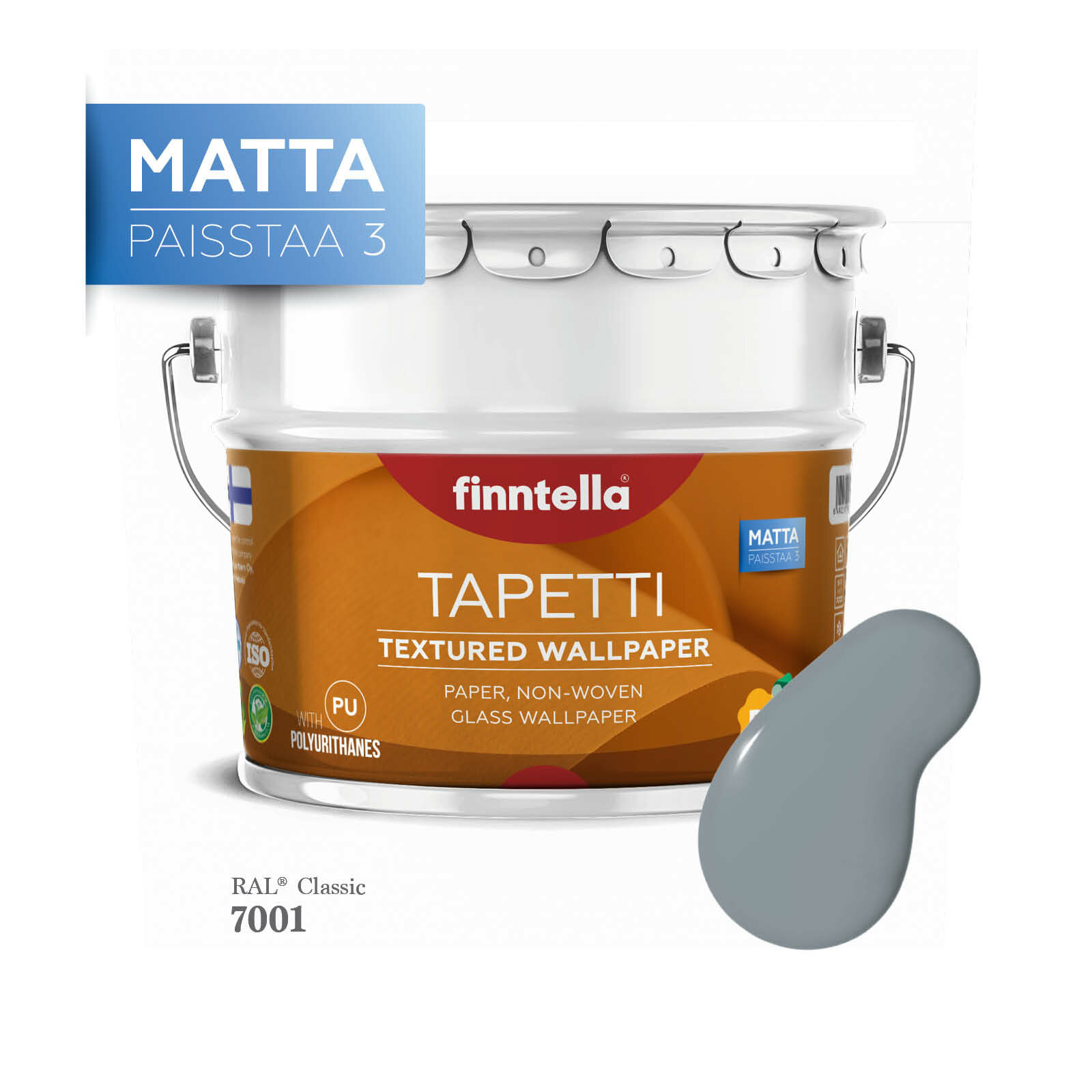 Матовая краска для обоев под окраску TAPETTI Matta FINNTELLA, Цвет RAL 7001 Серебристо-серый (Silver grey), 9л