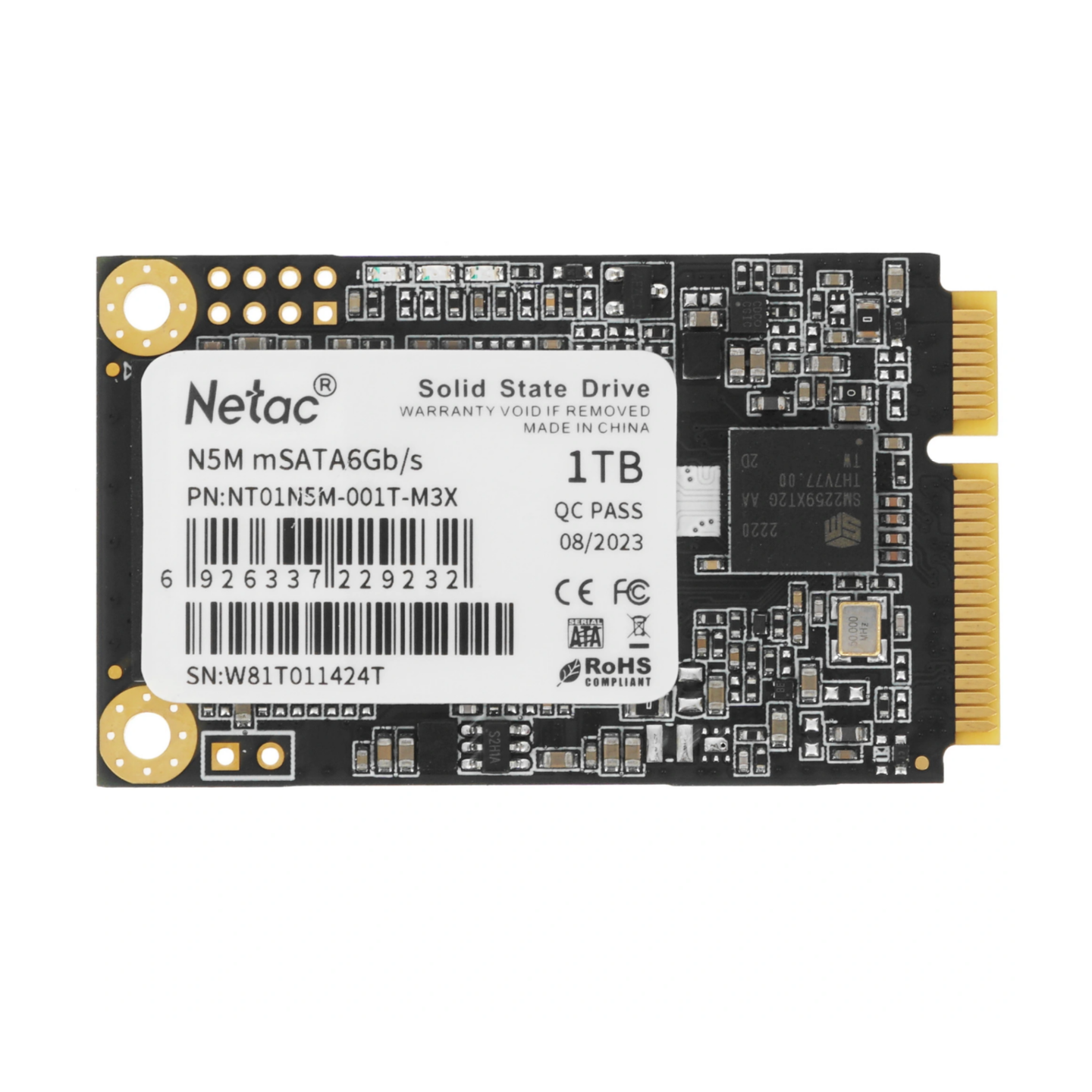 SSD-накопитель Netac N5M NT01N5M-001T-M3X, 1Тб, mSATA, SATAIII, 3D NAND, TRIM, черный