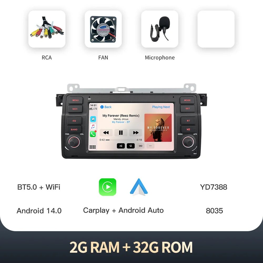 Автомагнитола Kingchange 7" Android 14 для BMW E46 3 318/320/325/330/335 M3 1998-2005 с CarPlay, Auto, Wi-Fi и навигацией