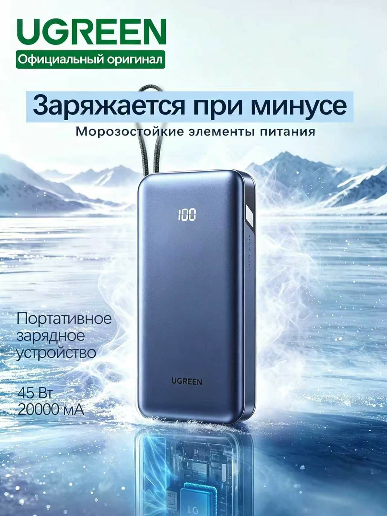 Внешний аккумулятор UGREEN Nexode PB536 45W, 20000мАч, с кабелем