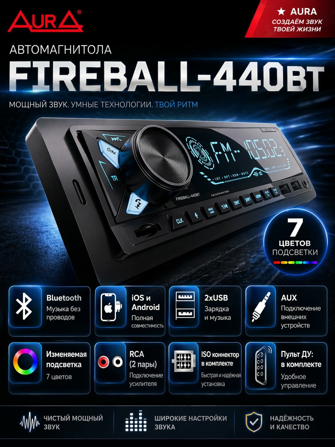 AURA / Магнитола для авто с блютуз 12v Автомагнитола АУРА1DIN с Bluetooth и USB Пульт в подарок FIREBALL-440BT