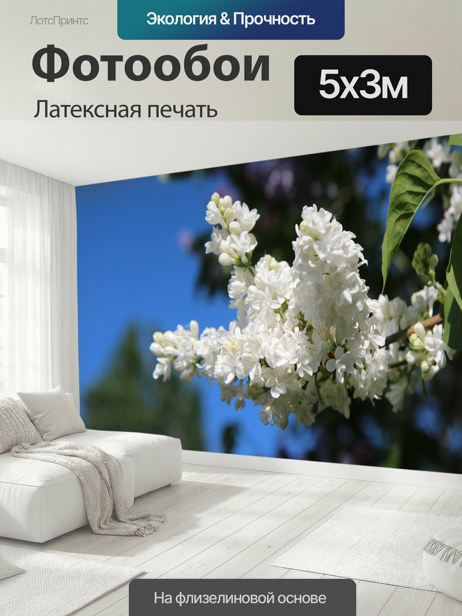 Фотообои моющиеся ударопрочные "Сирень, белая сирень, кустарник" 500x300 см. латексная печать