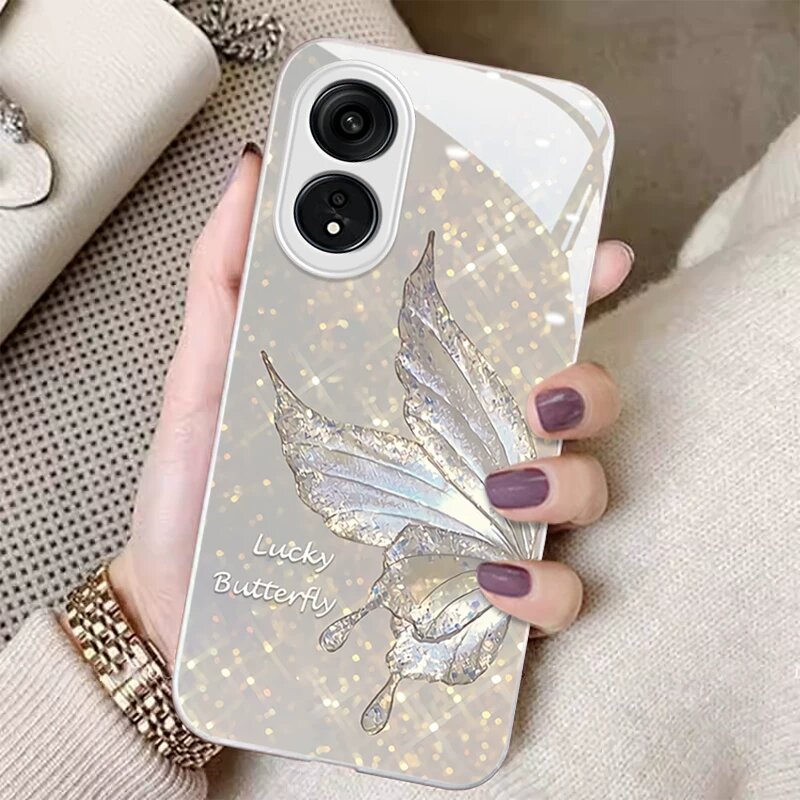 Чехол для OPPO A1x с дизайном бабочки из алмазов, стекло с металлическим покрытием, серебристый с защитной пленкой