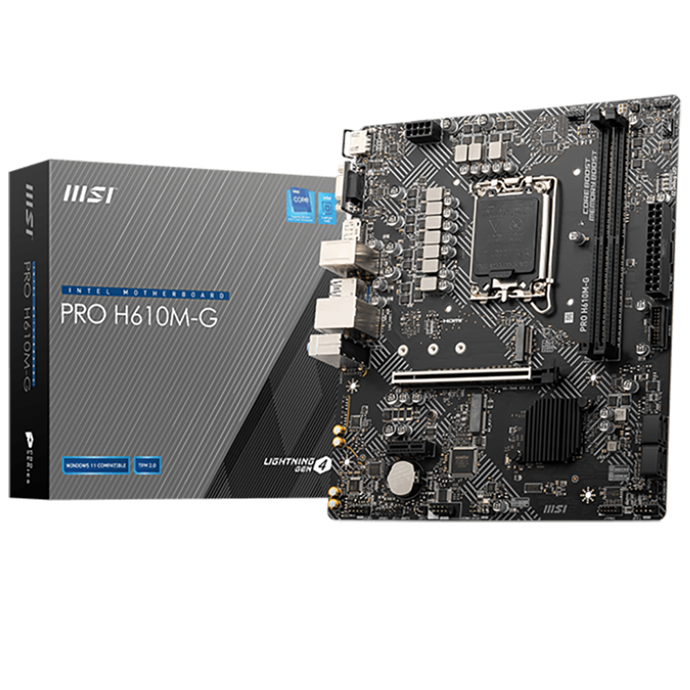 Материнская плата MSI PRO H610M-G уц-4 H610, LGA1700, 2*DDR5, 1*PCIEx16, 1*PCIEx1, 1*M.2, 4*USB3.2Gen1, 6*USB2.0, 4*SATA3.0, 1G, VGA, DP, HDMI, M-ATX, BULK