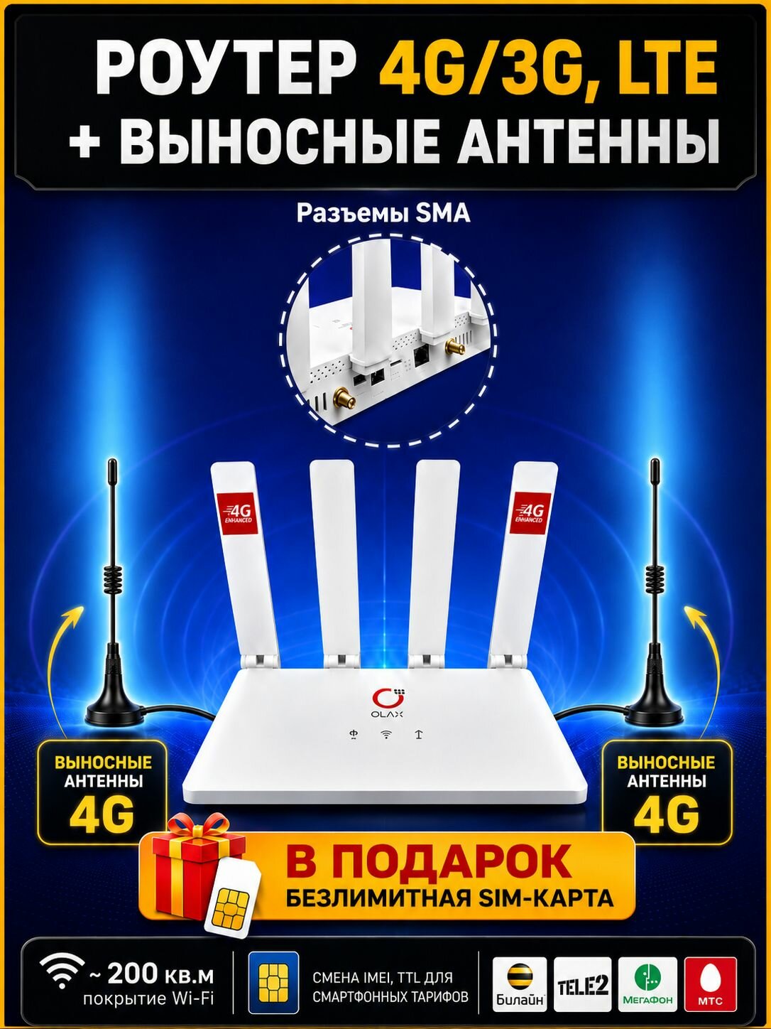 Роутер 4G, Olax MC50b. + внешние антенны 3G/4G LTE с магнитным основанием. Поддержка всех операторов. Прошит IMEI, TTL