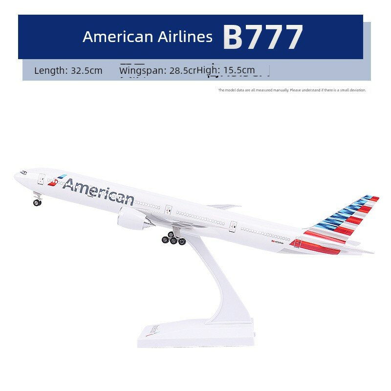 Статическая модель самолета Боинг 777 авиакомпании Американ Эйрлайнз 30 см с колесами и подсветкой для настольного