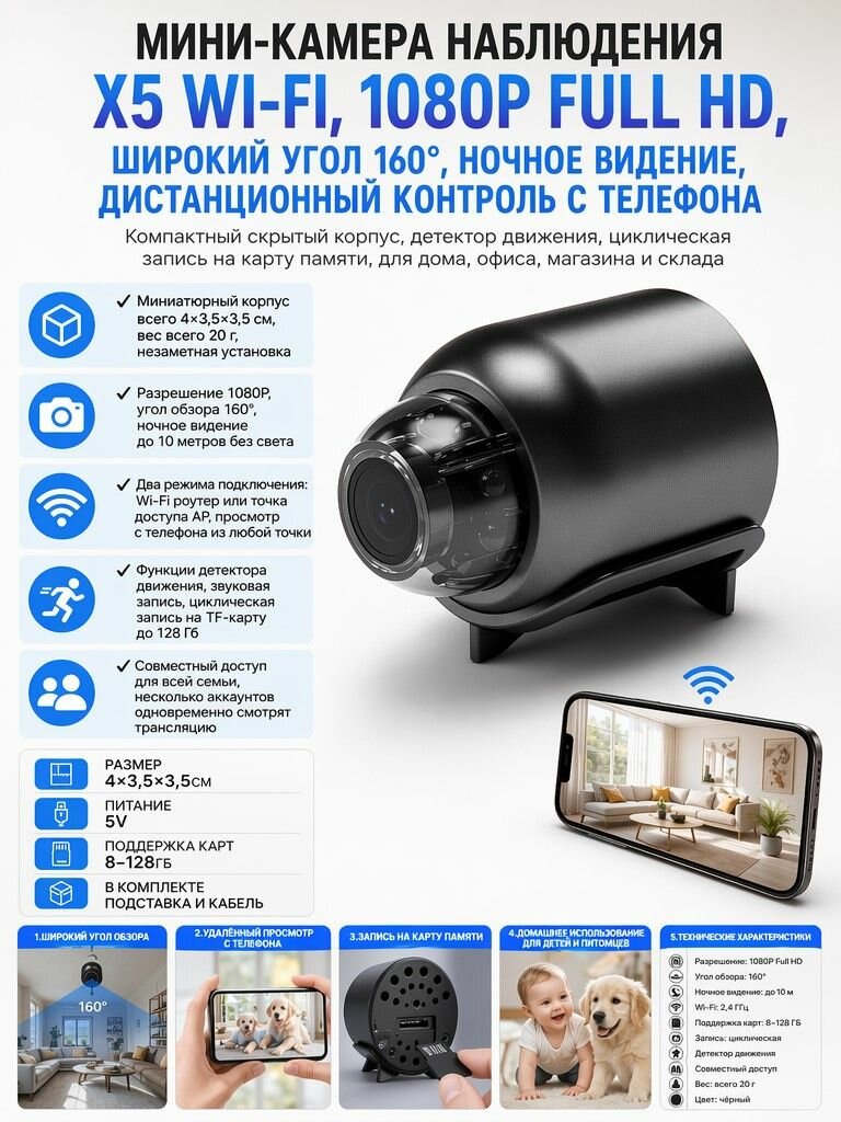 Мини-камера для умного дома с удалённым мониторингом, ночным видением, обнаружением движения и широким углом обзора для дома, офиса, магазина и склада