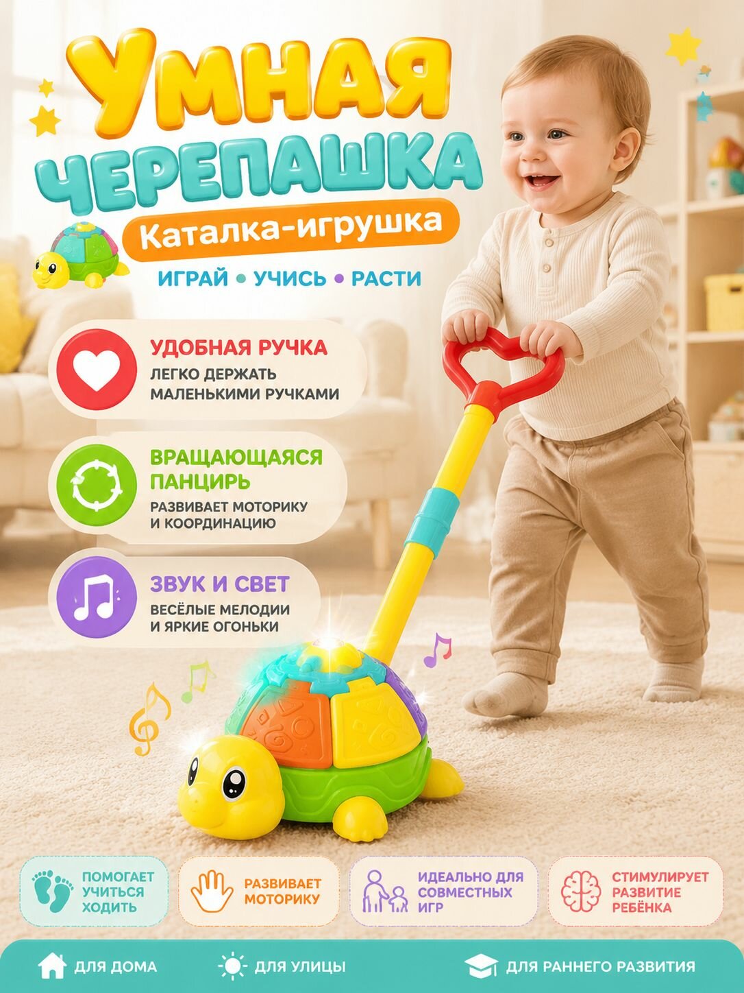 Каталка на палке Черепашка, Veld Co детская каталка игрушка для ходьбы
