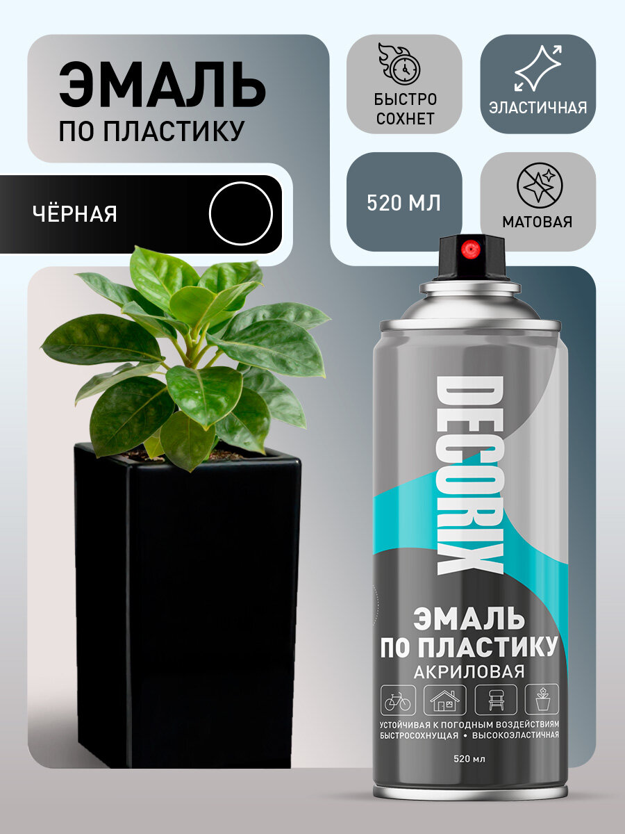 Краска для пластика черная матовая аэрозольная DECORIX - эмаль по пластику в баллончике 520 мл