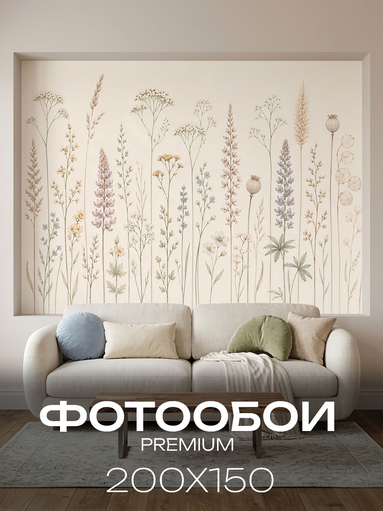Фотообои флизелиновые на стену 3D 200х150 В спальню, в гостинную. Полевые травинки и цветы