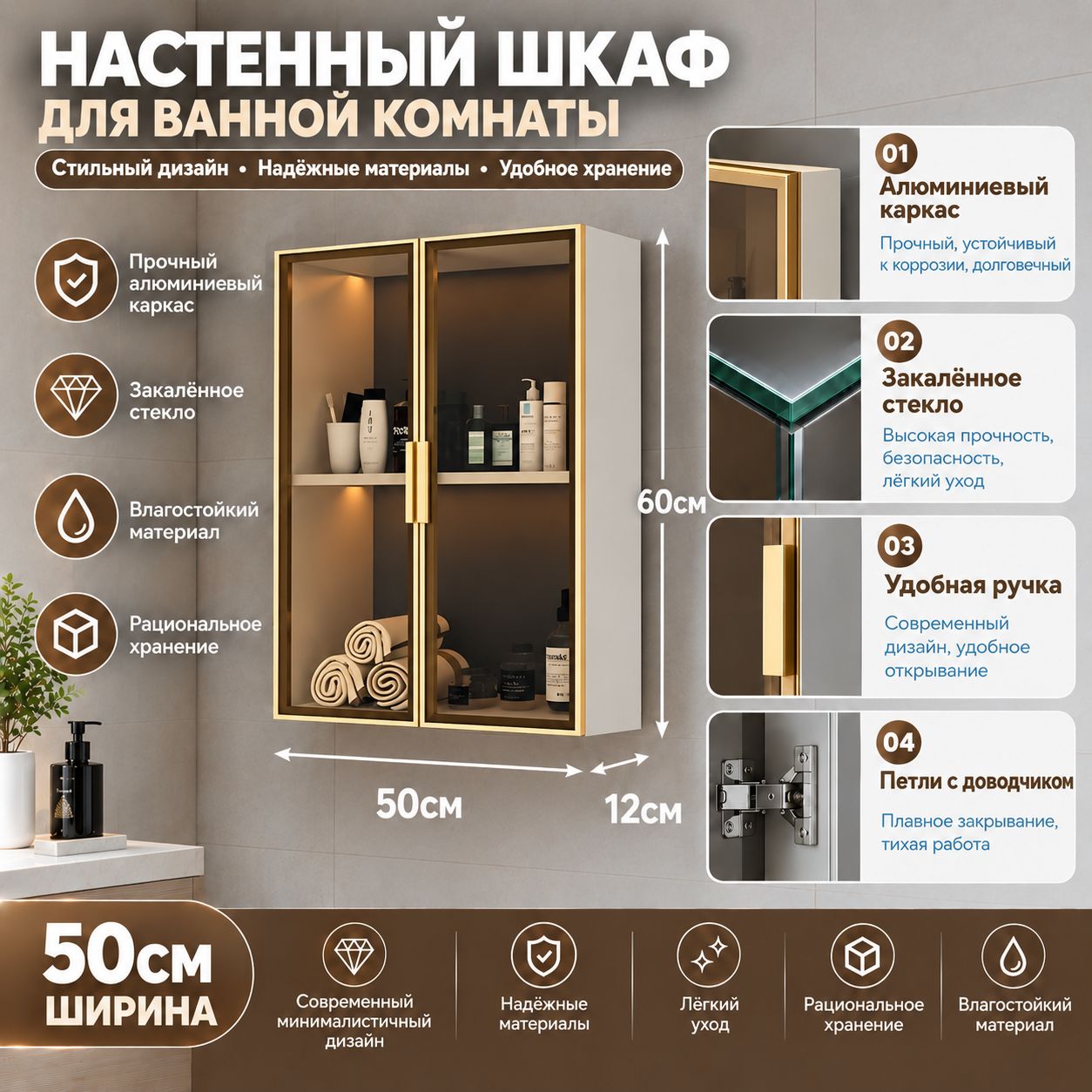 Универсальный Настенный Шкаф из Алюминиевого Сплава - Влагостойкий Шкафчик для Ванной, Кухни и Балкона,60,50, белый