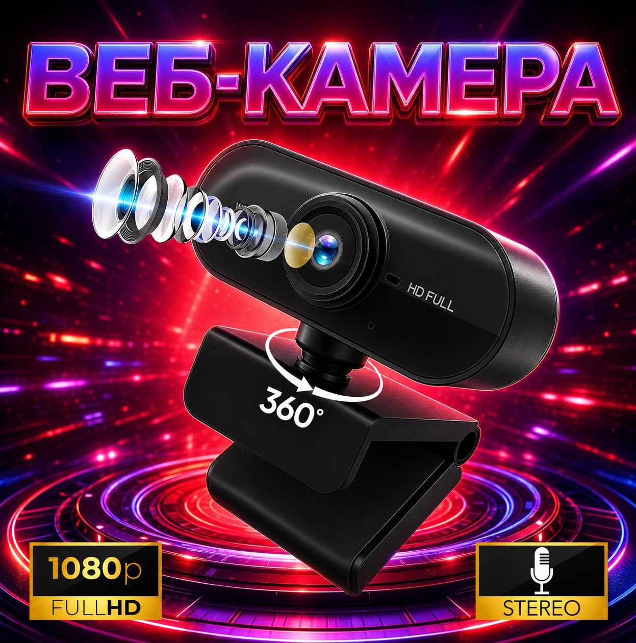 Веб-камера Full HD YOUTON с микрофоном и автофокусом для ПК, USB, угол 120°, крепление на монитор, чёрный