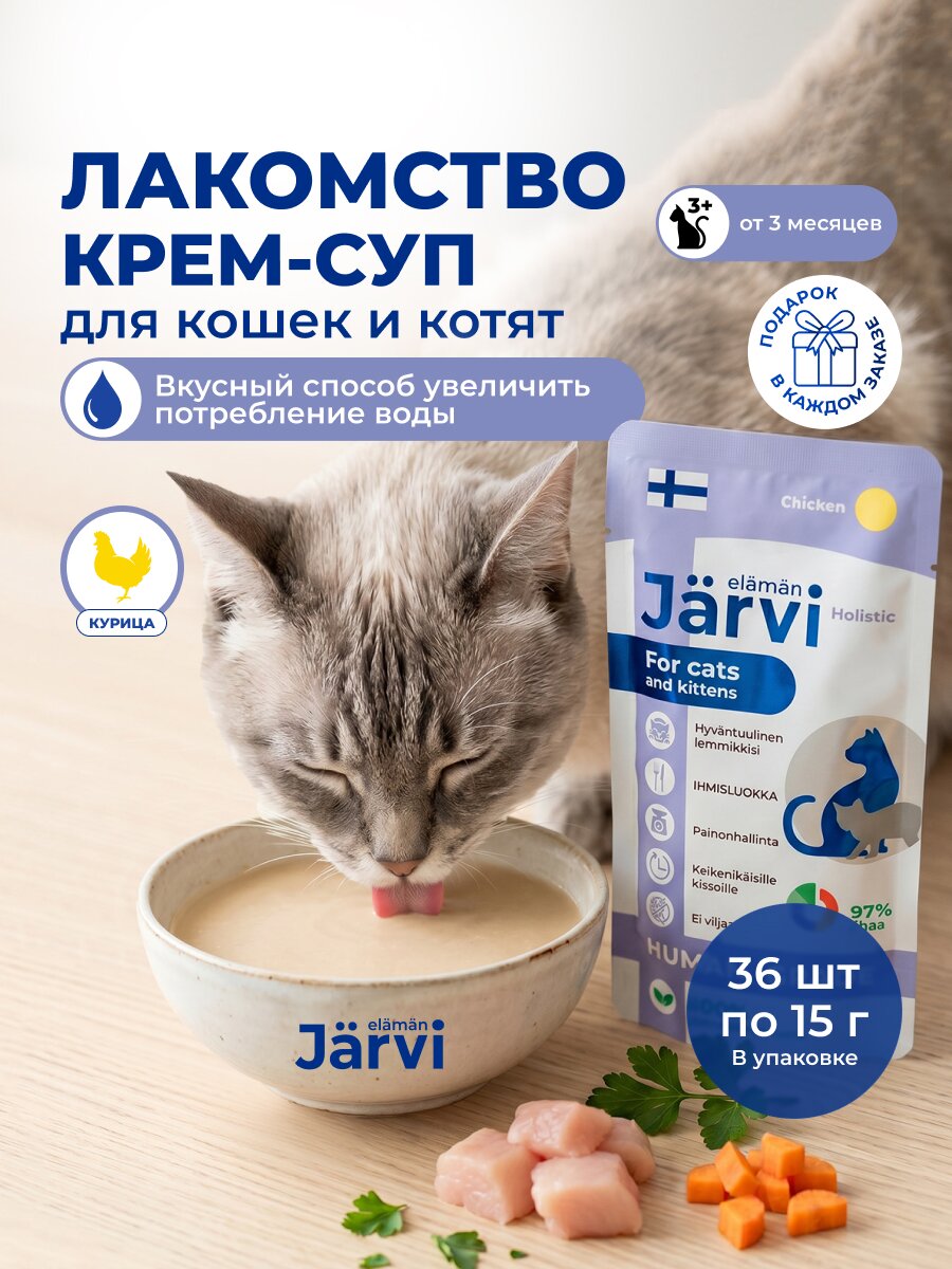 Лакомства Jarvi для кошек и котят "Крем-суп с филе курицы", 15 г х 36 шт.
