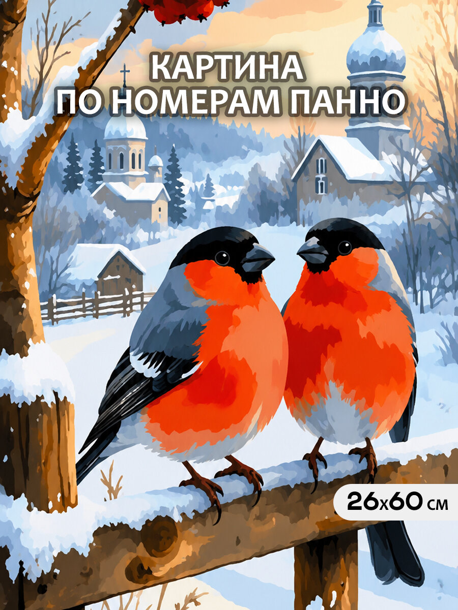 Снегири у храма, картина-панно по номерам на холсте / Флюид 26х60 см