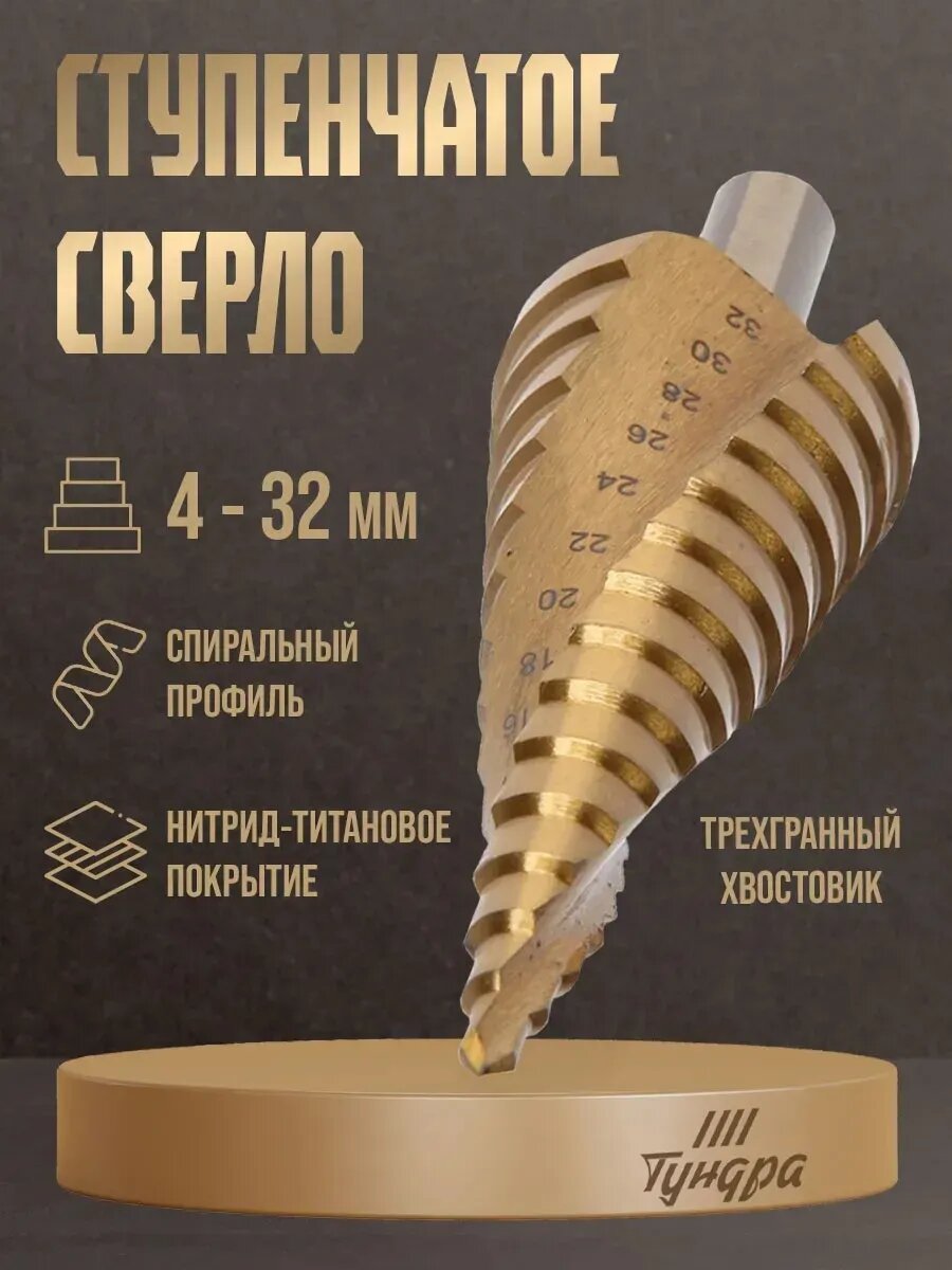 Сверло ступенчатое тундра PRO, HSS, TiN, спиральный профиль,