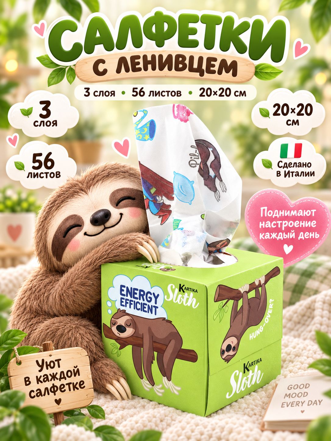 Салфетки бумажные выдергушки "Ленивец" с рисунком 3-х сл, 56 шт