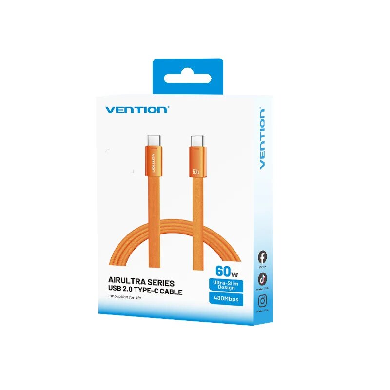 Кабель Vention USB-C на Type-C, 3A, PD, QC4.0, для быстрой зарядки и передачи 2 м, Flame Orange