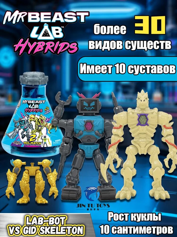 Moose MrBeast Lab Hybrids Lab-Bot & GID Skeleton / Куклы Лаборатории монстров, вы можете объединить двух разных кукол, чтобы создать нового монстра, подходящего в качестве детского подарка