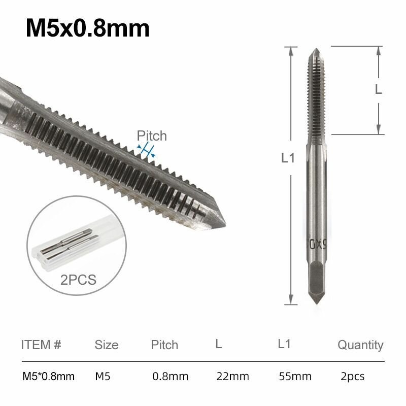 Метчики ручные XCAN M5х0,8мм, комплект из 2 шт, пластиковый футляр