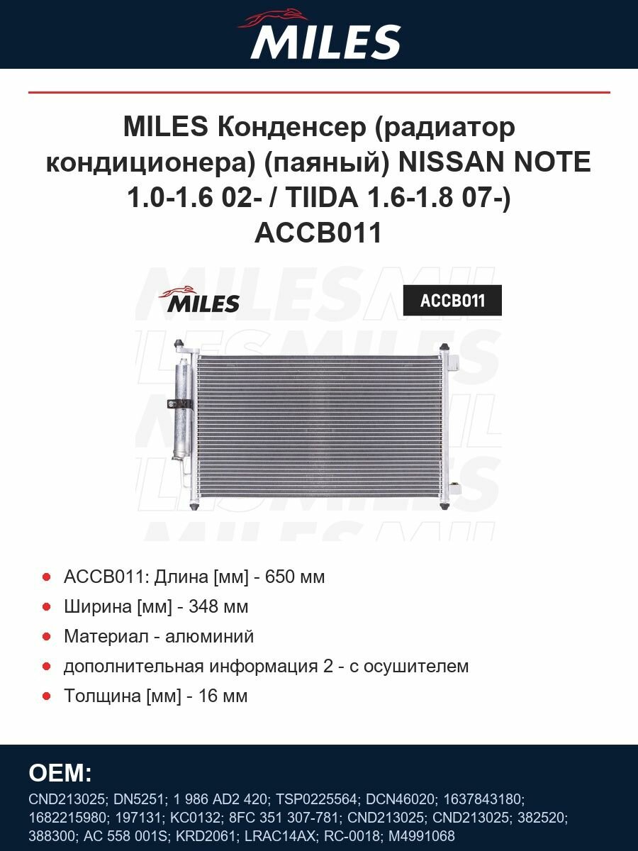MILES Конденсер (радиатор кондиционера) (паяный) NISSAN NOTE 1.0-1.6 02- / TIIDA 1.6-1.8 07-) ACCB011