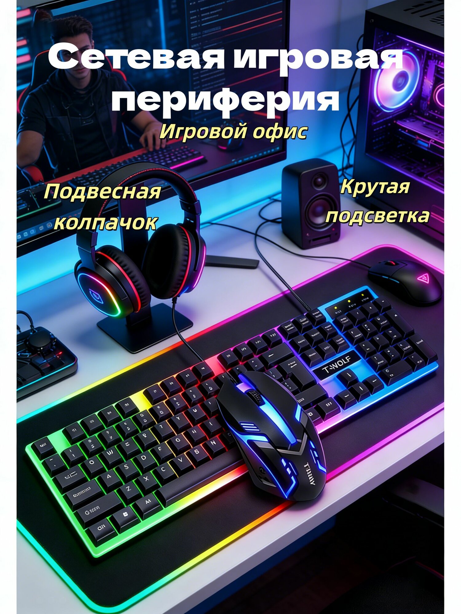 Комплект игровая клавиатура, мышь проводная Игровая клавиатура вместе с мышью проводная комплектация для игр и офисной работы, Русская раскладка, черный, золотой