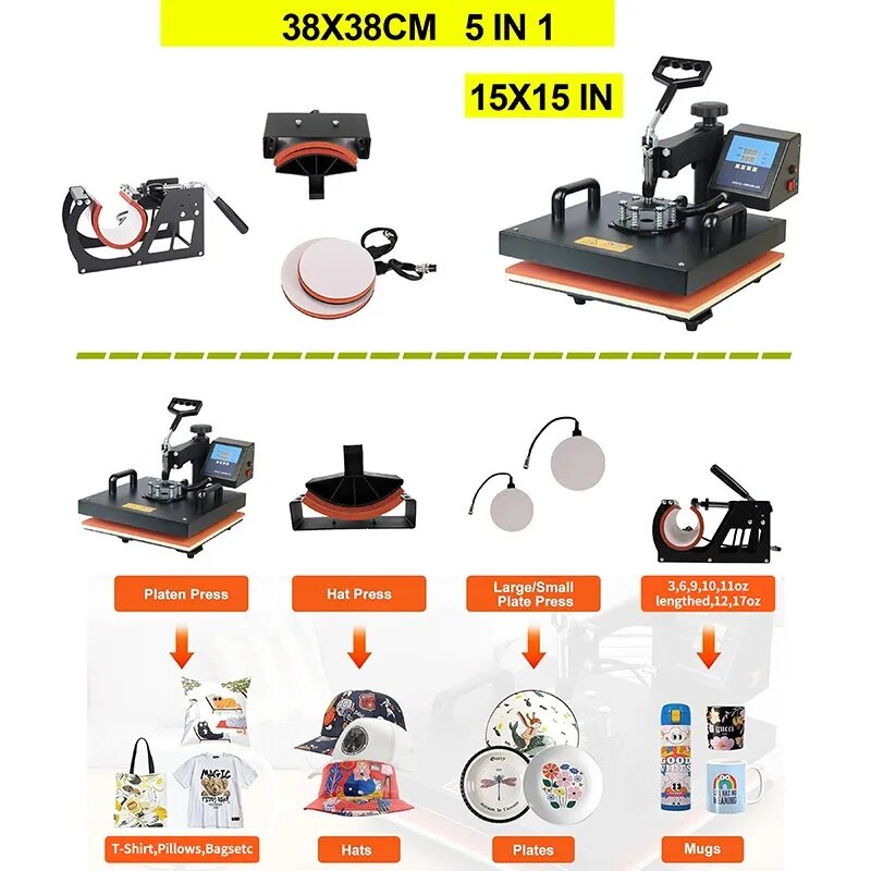 Комбо-прессовая машина Heat Press 4/5/6/7/8 в 1 38*38 см Многофункциональный сублимационный принтер для переноса на кружку, капюшон, тарелку, футболку