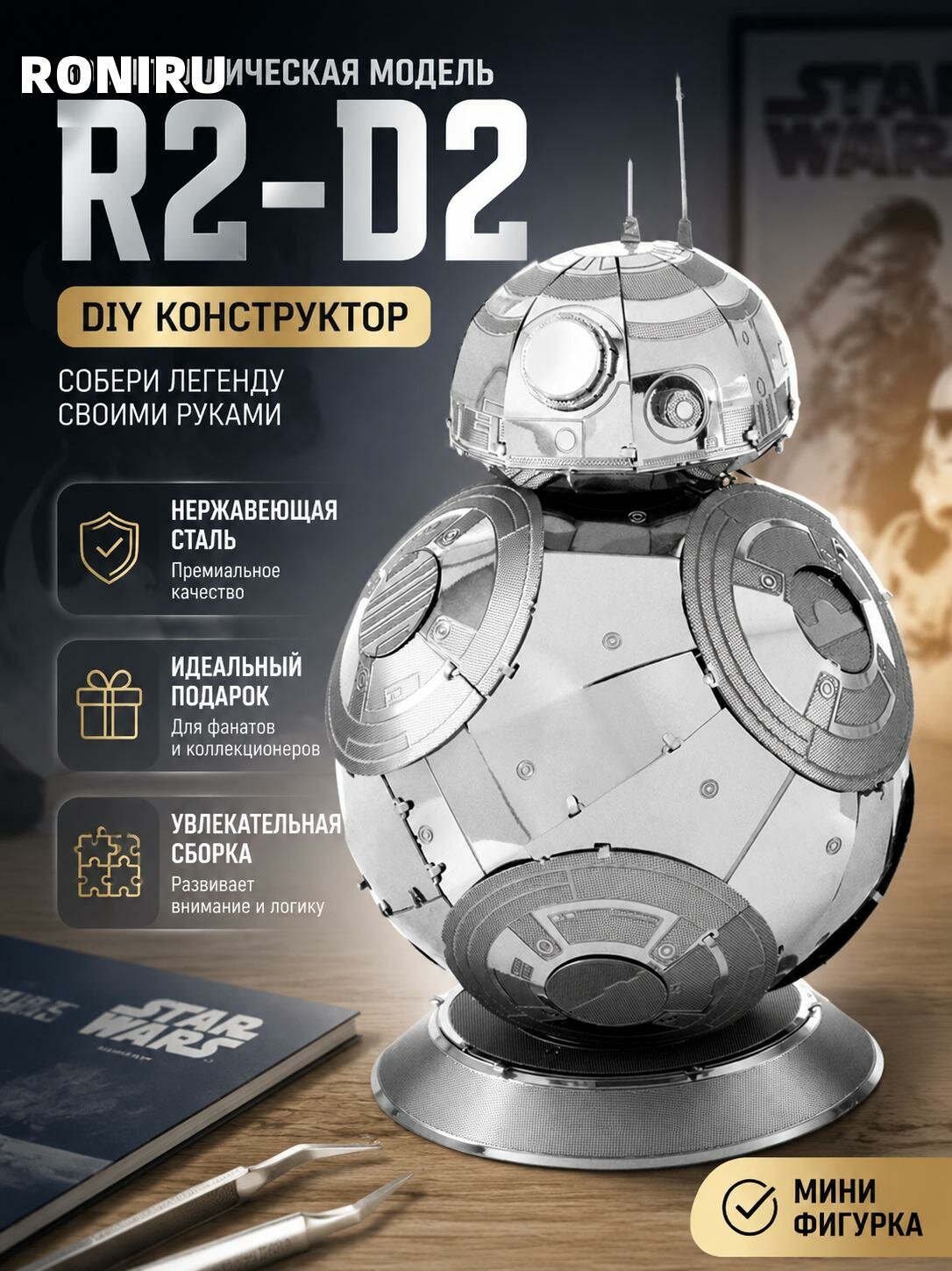 3D металлическая модель R2-D2 — DIY конструктор из нержавеющей стали, сборная фигурка и сувенир для фаната, мини