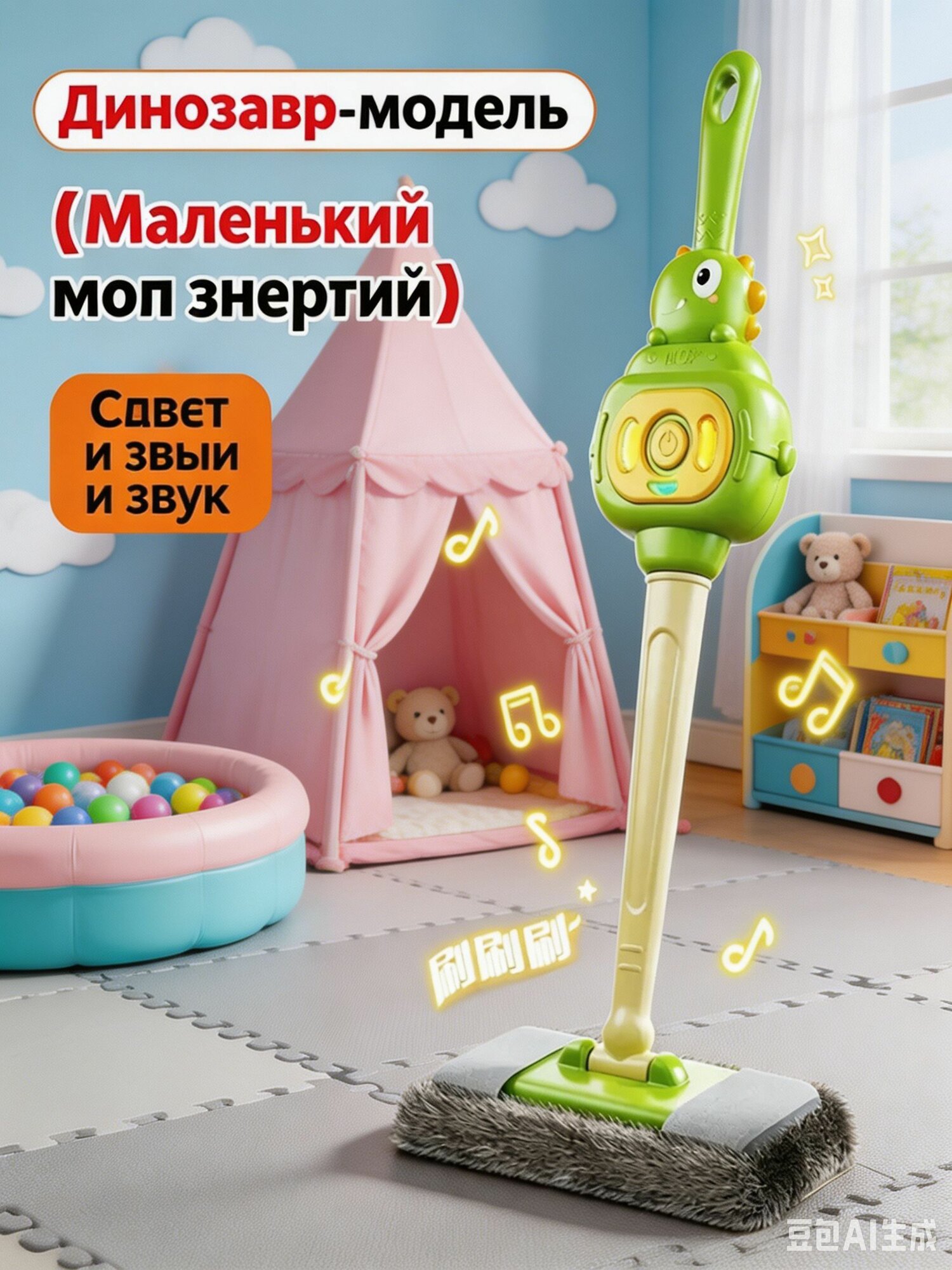 Сюжетно-ролевые игрушки / Детская игрушечная швабра для уборки / с музыкой и подсветкой / мультяшный дизайн
