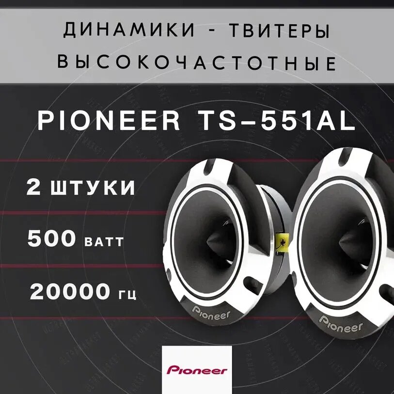 Рупора автомобильные, твитеры со встроенным фильтром "Pioneer TS-551AL" / Комплект из 2 штук / Высокочастотные динамики, пищалки, 98x98 мм, 500 Вт.