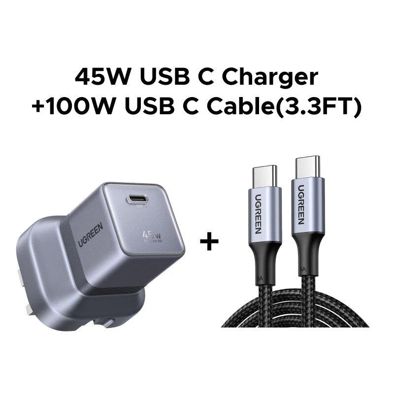 【Ультракомпактное】Зарядное устройство UGREEN Nexode Air 45W GaN USB-C с Серый, UK Plug Add Cable