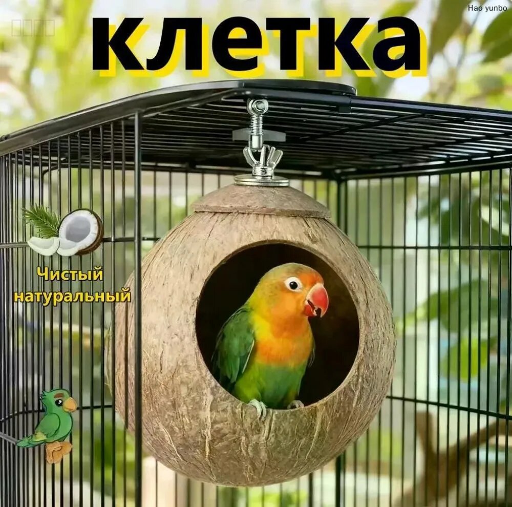 Гнездо для попугая изготовлено из натурального кокоса, диаметр кокоса: 10-13 см, 1 штука