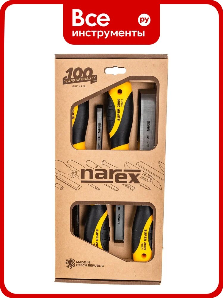 Набор из 4 плоских стамесок с ручкой NAREX SUPER 2009 LINE PROFI 8, 10, 16, 32 мм, 860601, двухкомпонентная рукоять