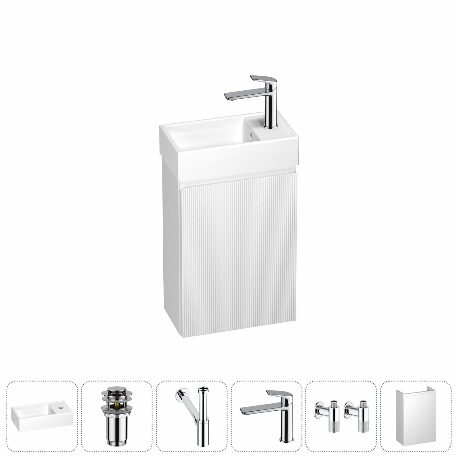 Маленькая раковина с тумбой в туалет Wellsee WC Area 202010471 в наборе 6 в 1: керамическая раковина с подвесной тумбой 40 см, донный клапан, сифон, смеситель, вентили 2 шт (цвет набора хром)