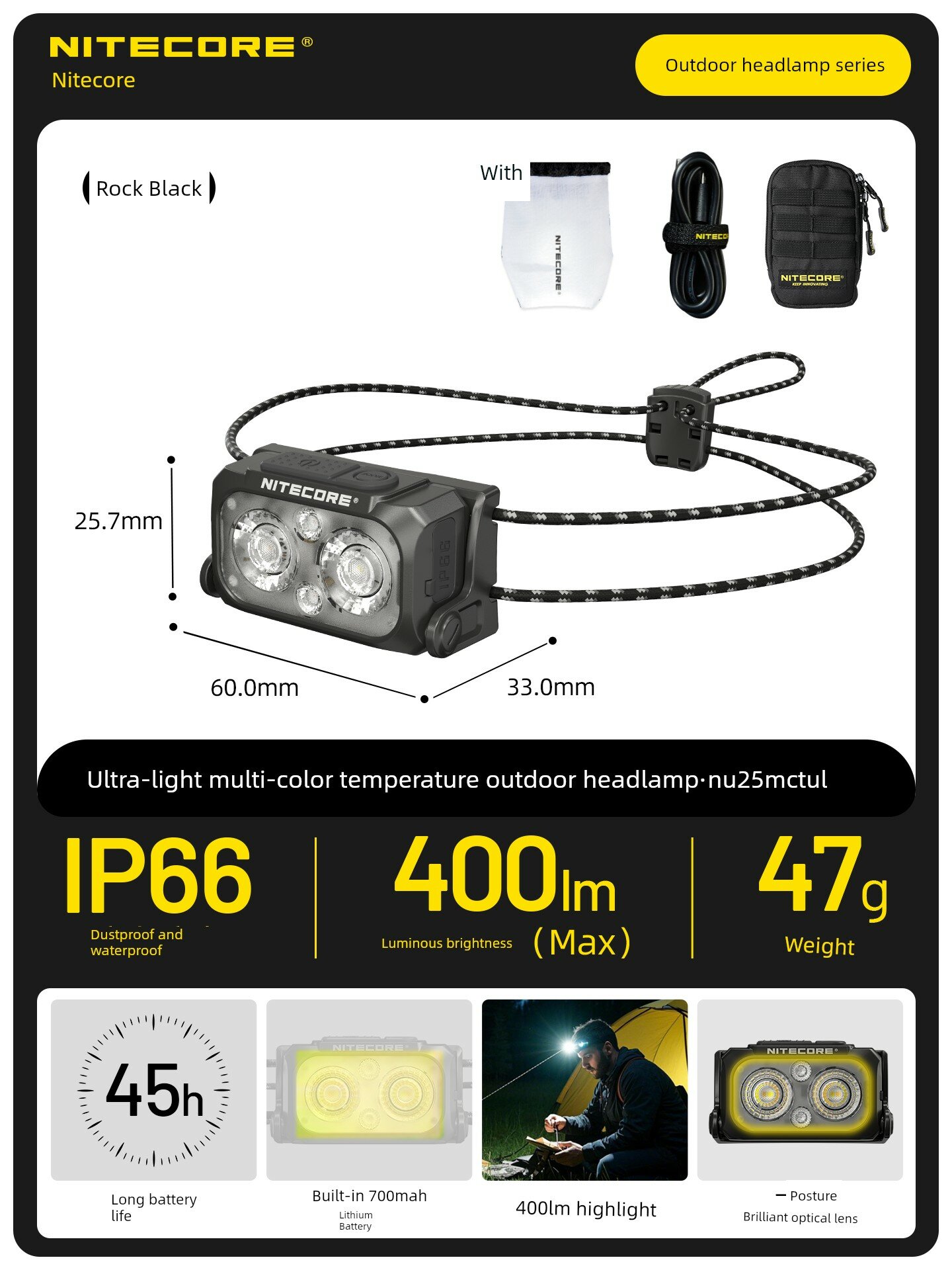 Налобный фонарь NITECORE NU25/NU25UL для альпинизма, активного отдыха, бега по пересеченной местности, легкий налобный